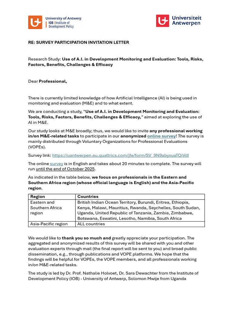 Ai - M&e - Survey Participation - Invitation Letter | PDF | Southern ...