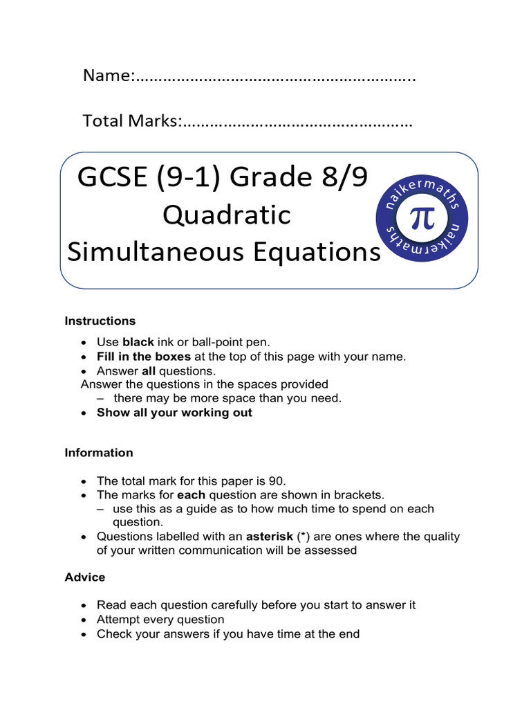 Quadratic SImultaneous Equations | PDF | Equations | Chess