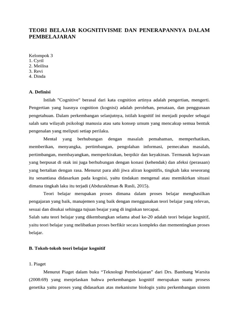 Teori Belajar Kognitivisme Dan Penerapannya Dalam Pembelajaran 2 | PDF