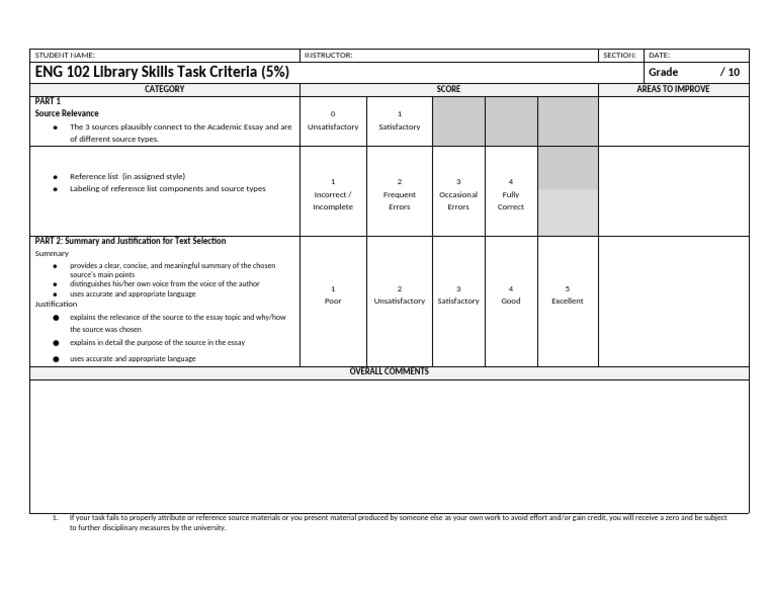 25-26-1 ENG 102 Library Skills Task Criteria | PDF | Cognition | Human ...