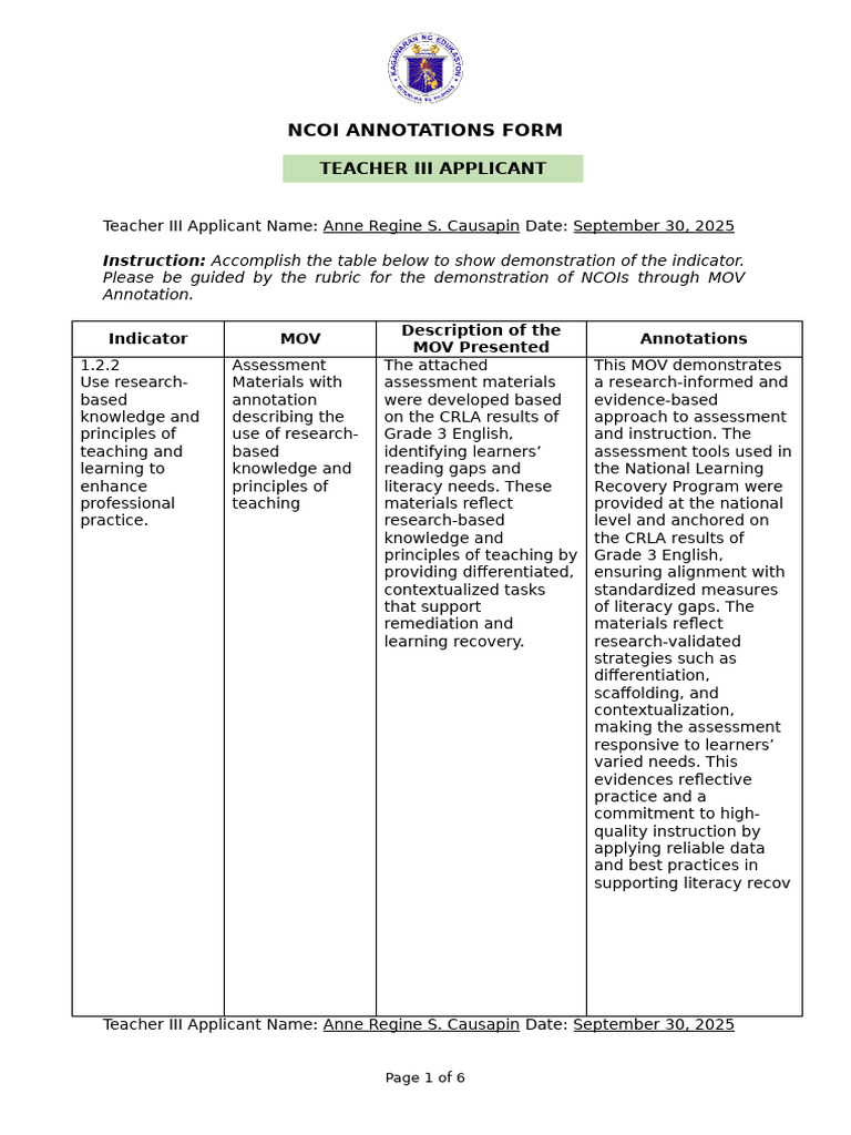 NCOI Annotations Form For Teacher III Applicant | PDF | Educational Assessment | Learning