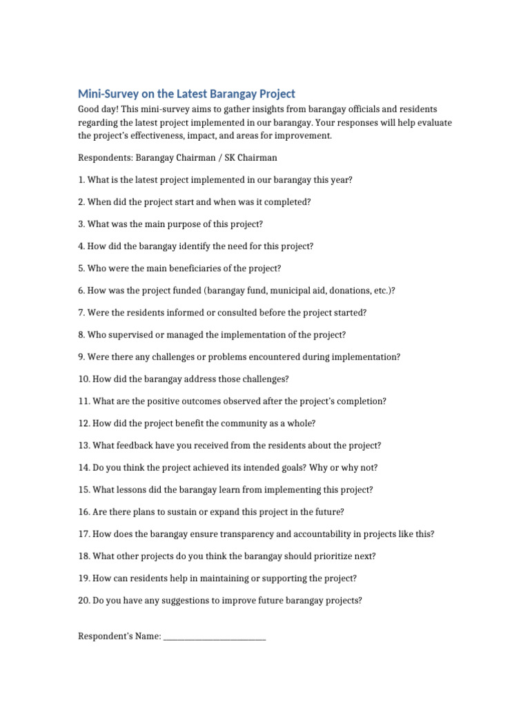 Mini-Survey On Barangay Project | PDF