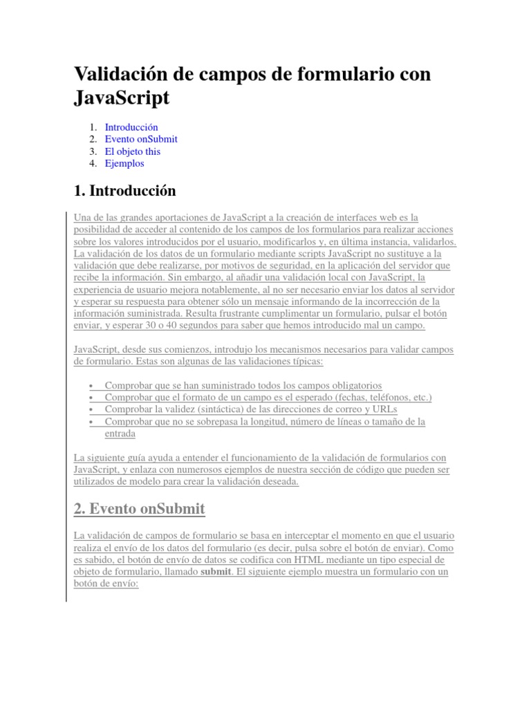 Validación De Campos De Formulario Con Javascript Pdf Script Java Expresión Regular 