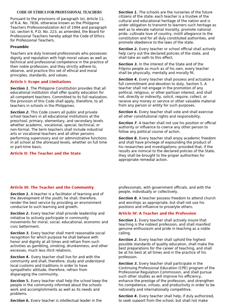 Code of Ethics for Teachers in the Philippines | PDF | Teachers