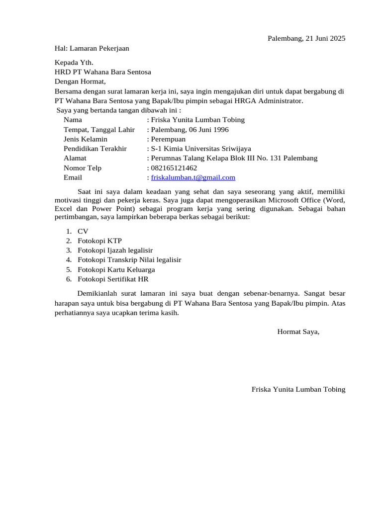 Lamaran HRGA Administrator Friska Tobing | PDF