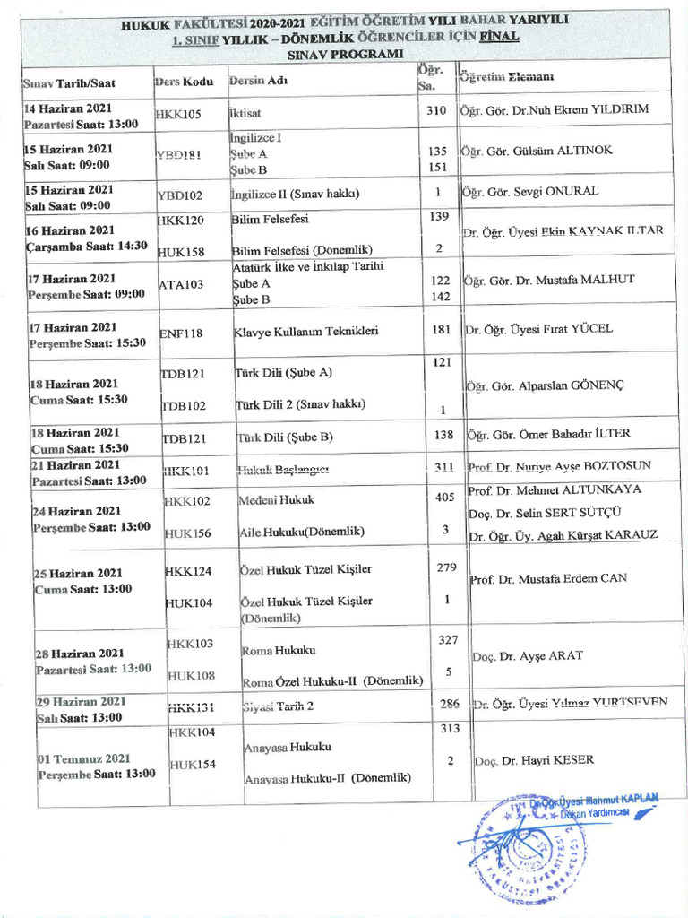 2020 2021 Egitim Ogretim Yili Bahar Yariyili Final Sinav Programi | PDF
