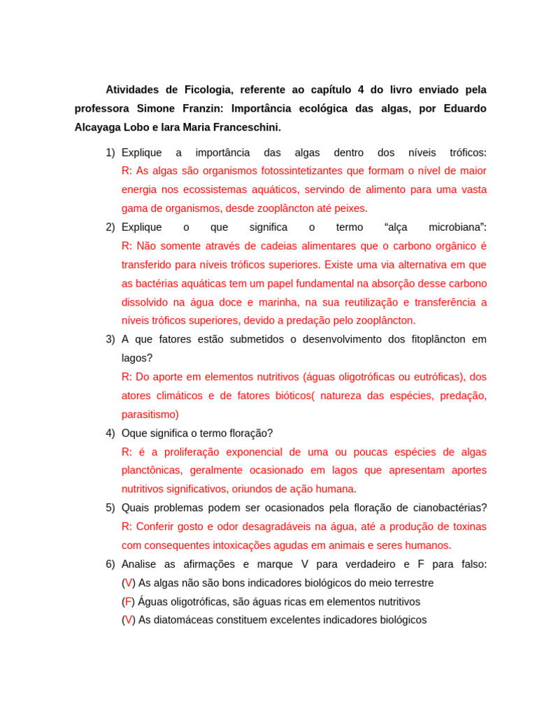 Atividades de Ficologia | PDF | Algas | Biologia