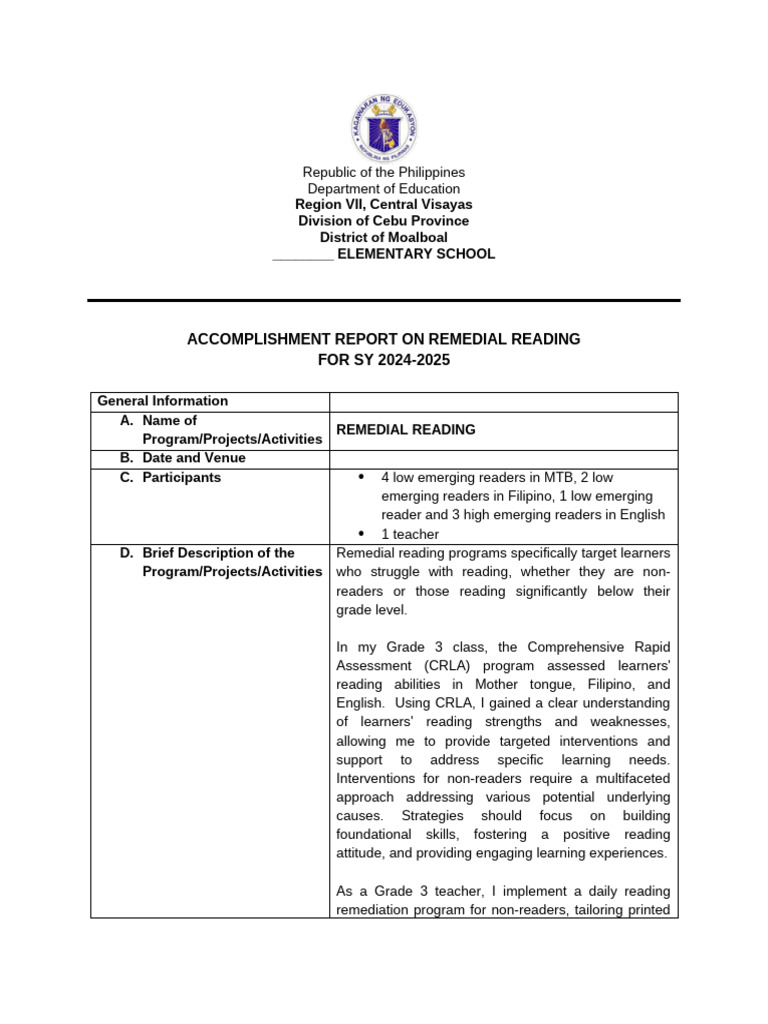 Accomplishment Report: Remedial Reading | PDF | Learning | Cognition
