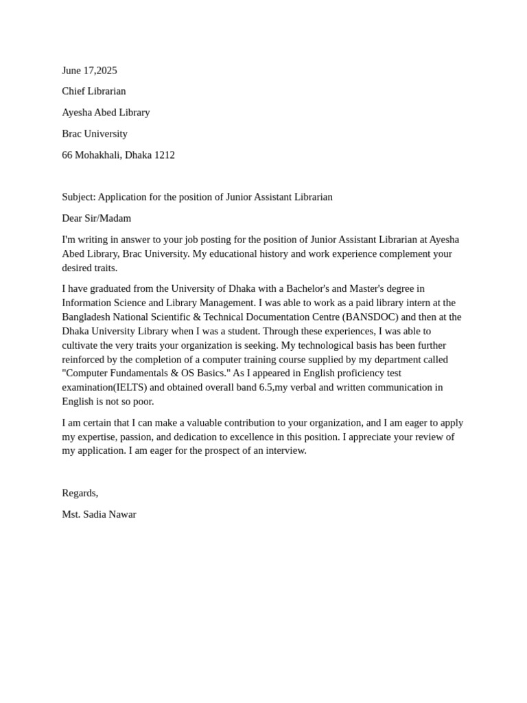 Bracu Cover Letter | PDF