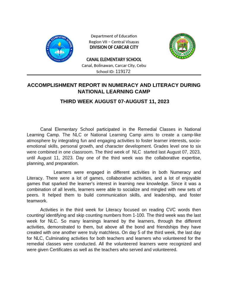 Accomplishment Report in NLC 3rd Week | PDF | Literacy | Teachers