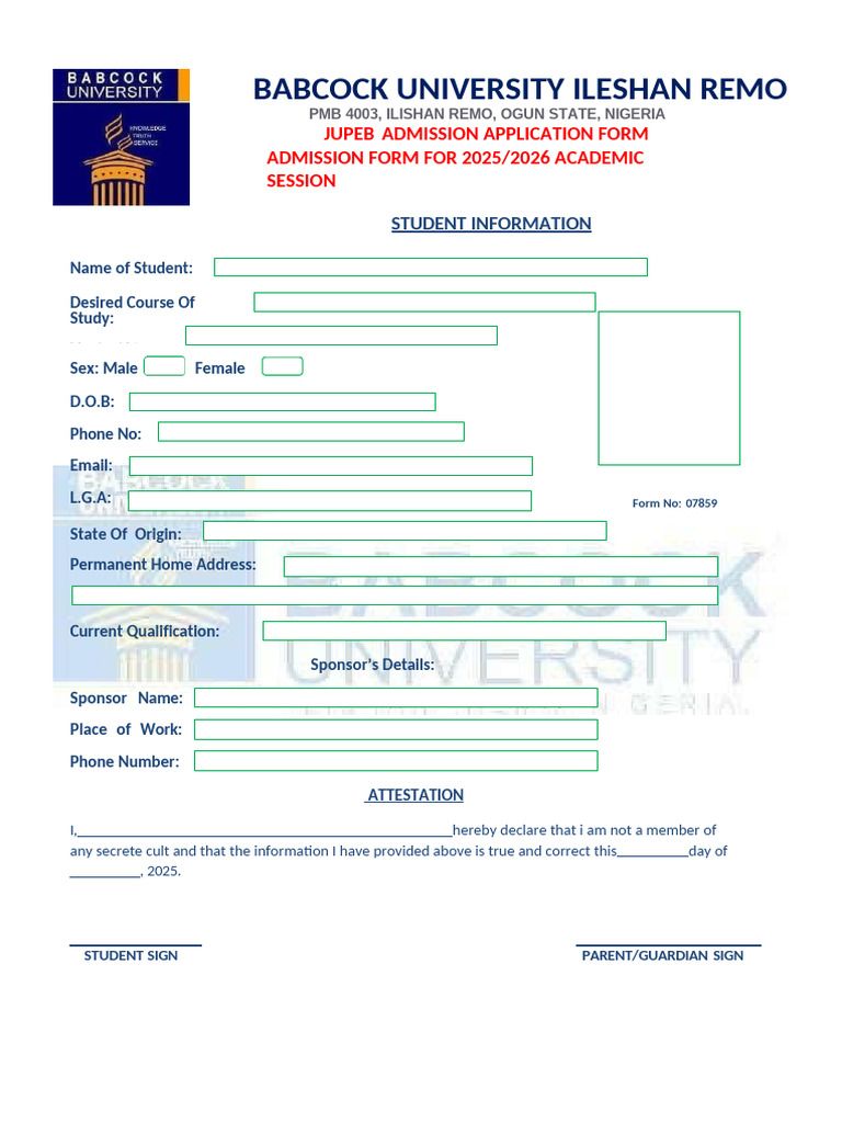 Babcock University Ileshan Remo Jupeb Form 2025 | PDF