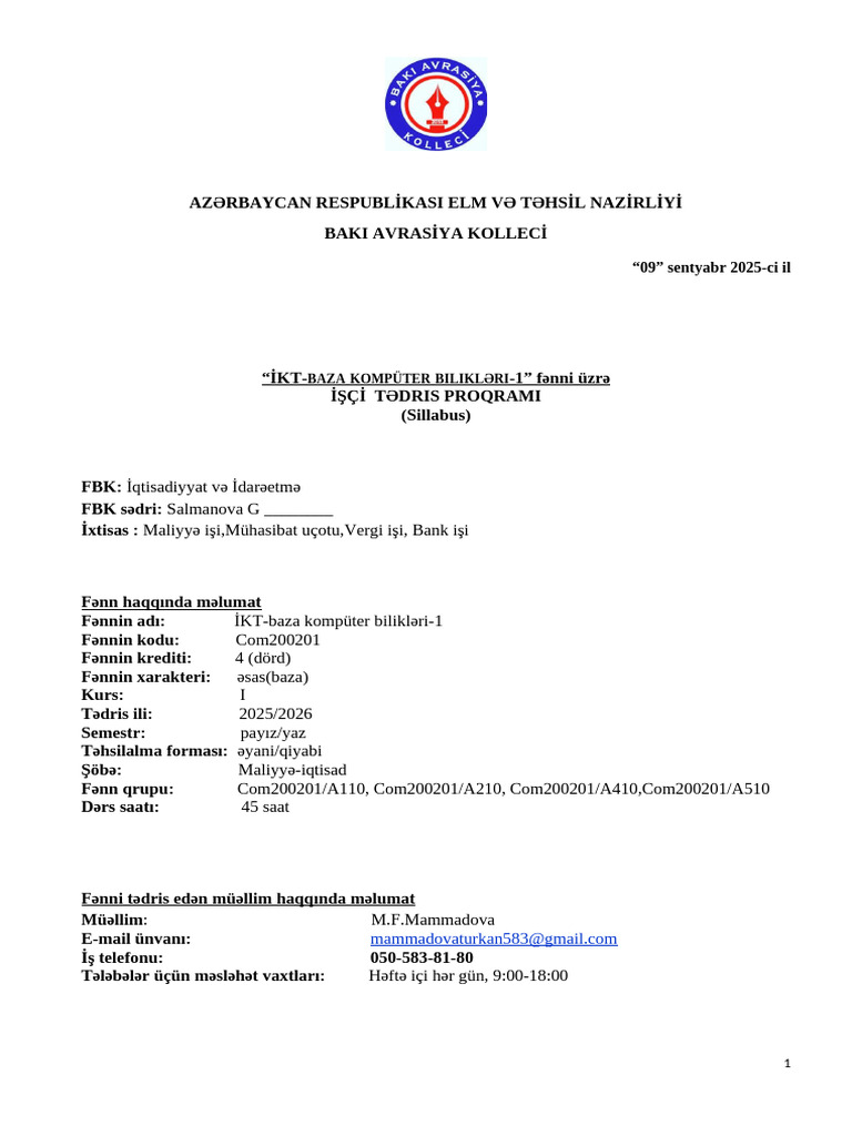 M.turkan İKT Sillabus - 2025 | PDF