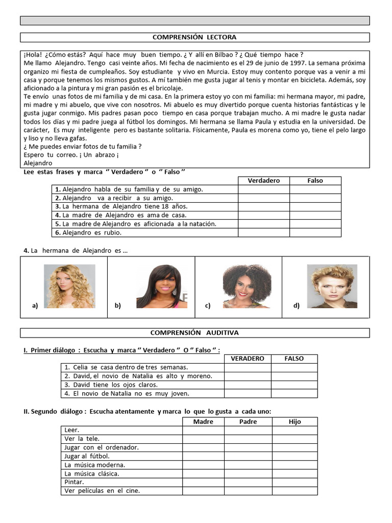 Comprensión lectora y auditiva A1.1 | PDF