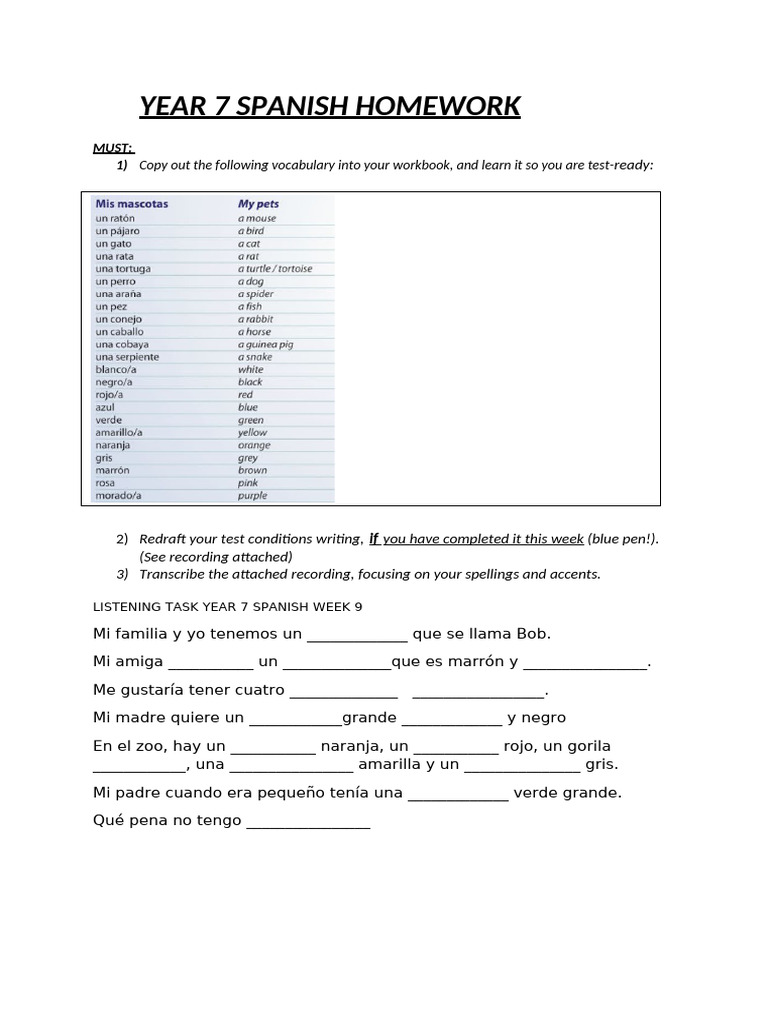 Year 7 Spanish Homework Week 9 | PDF
