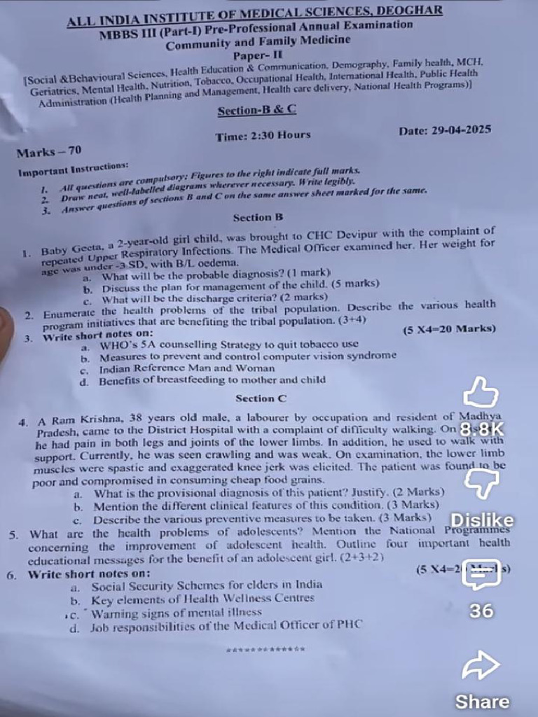 AIIMS MBBS III Exam Question Paper | PDF | Medicine | Medical Specialties
