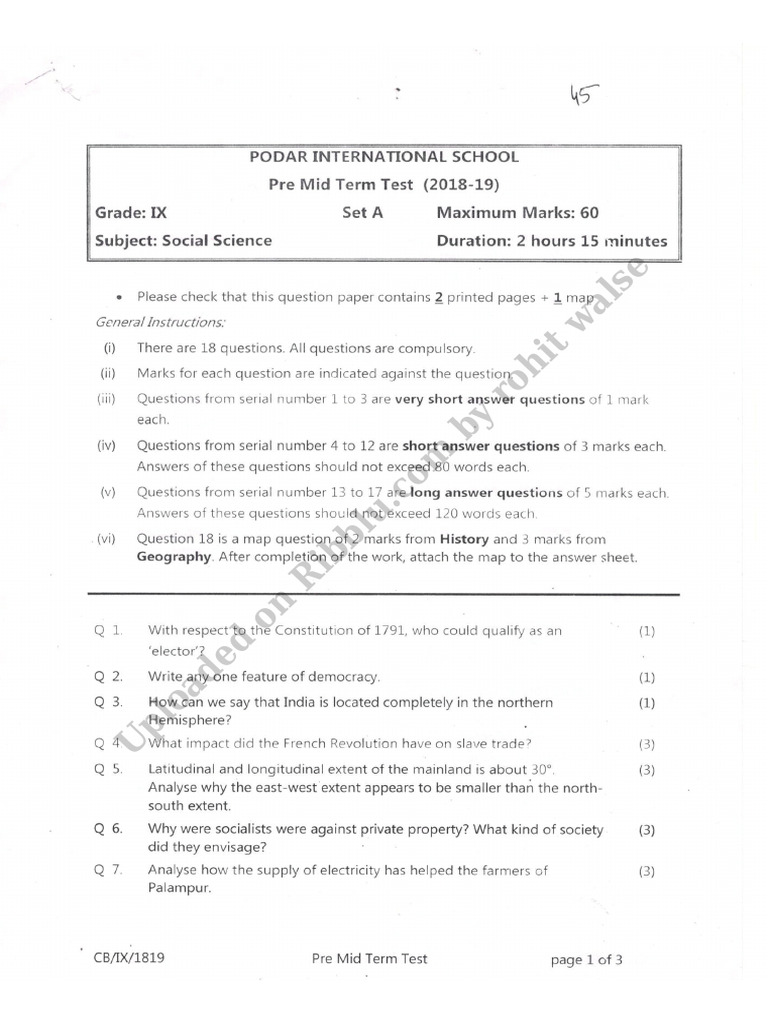 Class 9 Social Science Question Paper Pre Mid Term 2018 Podar School | PDF
