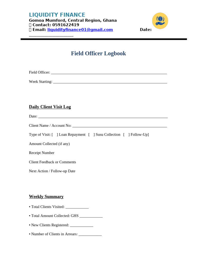 Field Officer Logbook Liquidity Finance | PDF