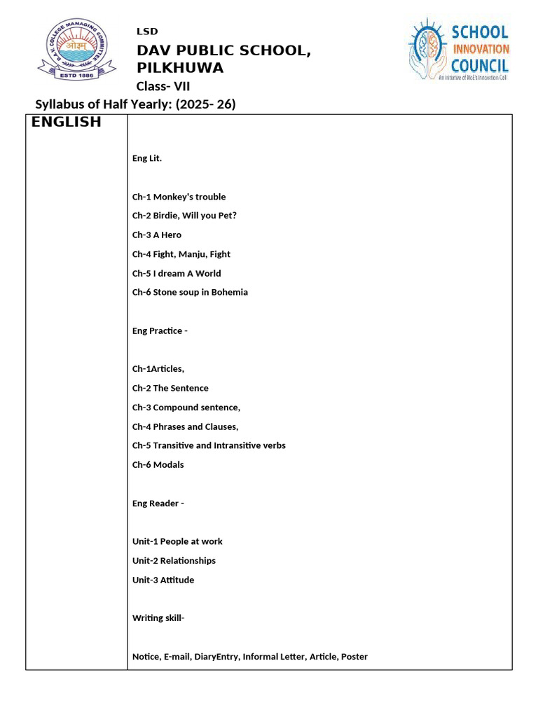 Vii Half Yearly Syllabus (2025-26) | PDF