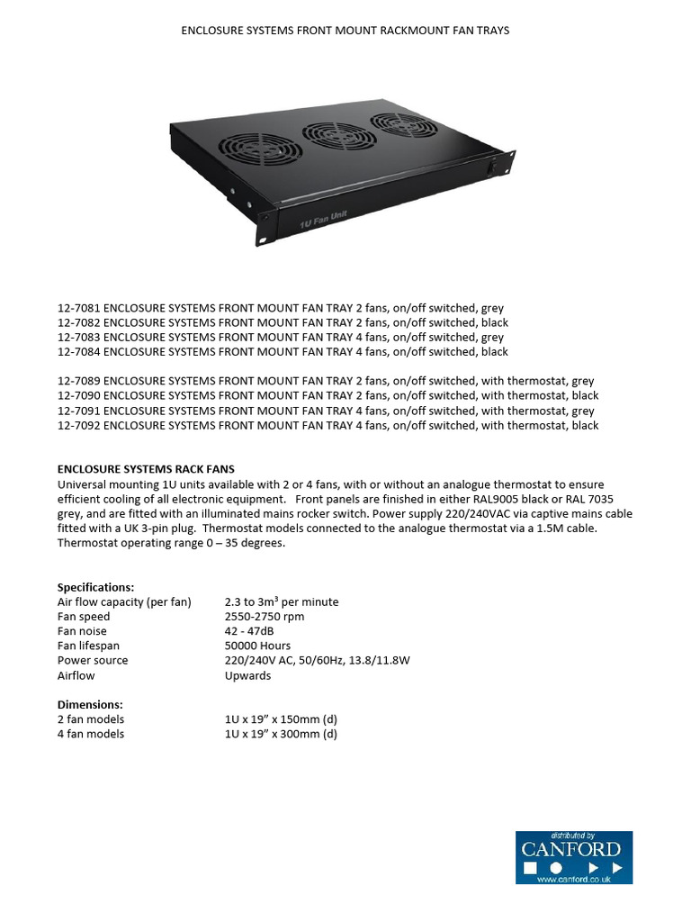 Enclosure Systems Front Mount Rackmount Fan Trays | PDF
