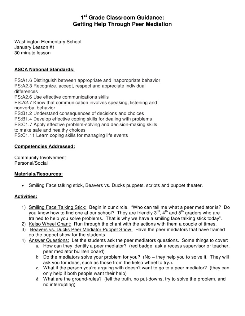 1 Grade Classroom Guidance: Getting Help Through Peer Mediation | PDF