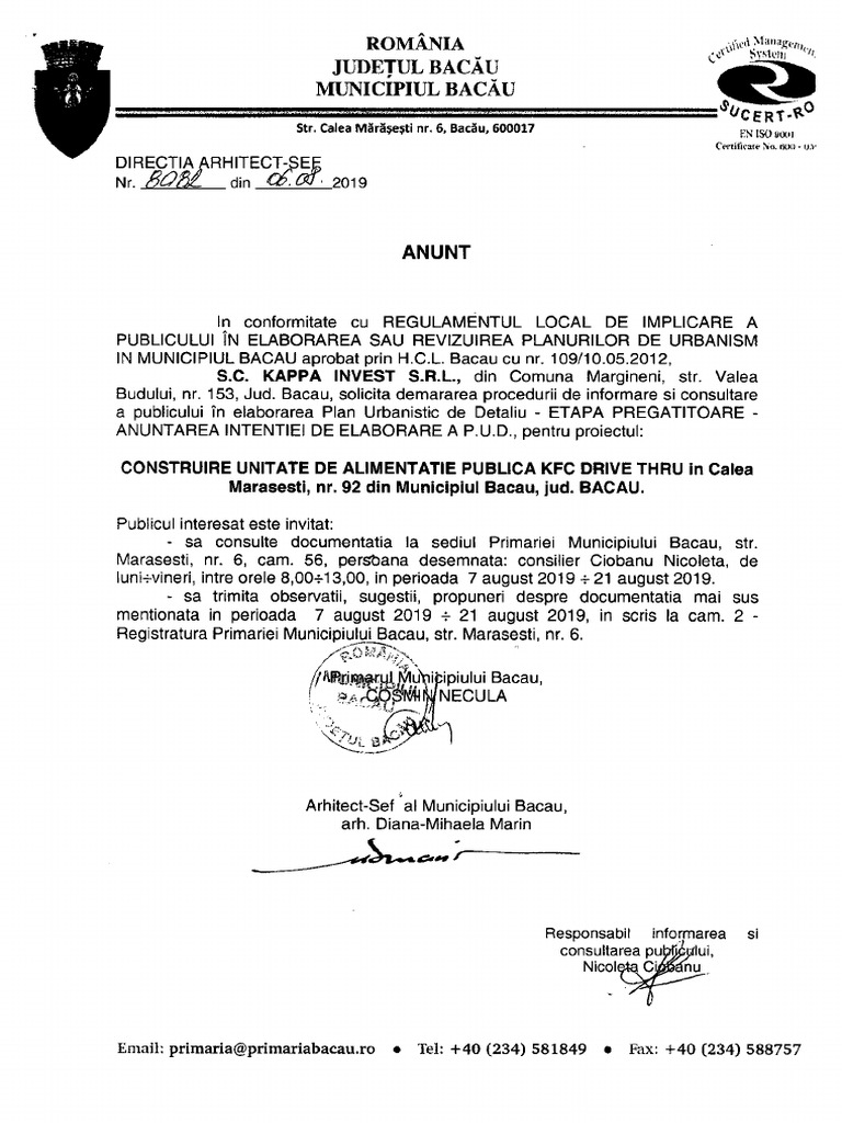 Anunt Construire Unitate de Alimentatie Publica | PDF