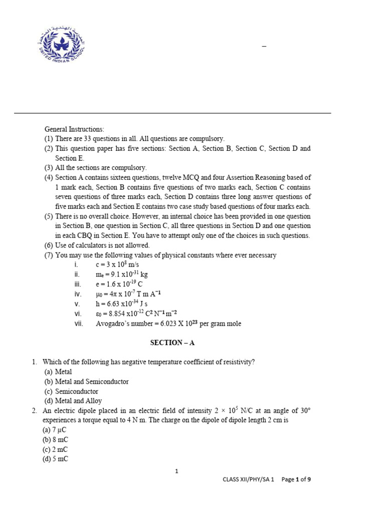 QP XII Physics 26052025 | PDF | Capacitor | Capacitance
