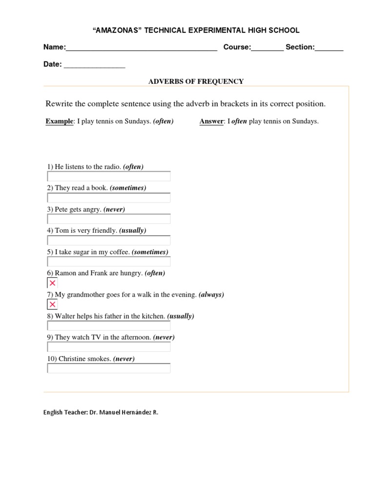 Adverbs of Frequency Exercises | PDF