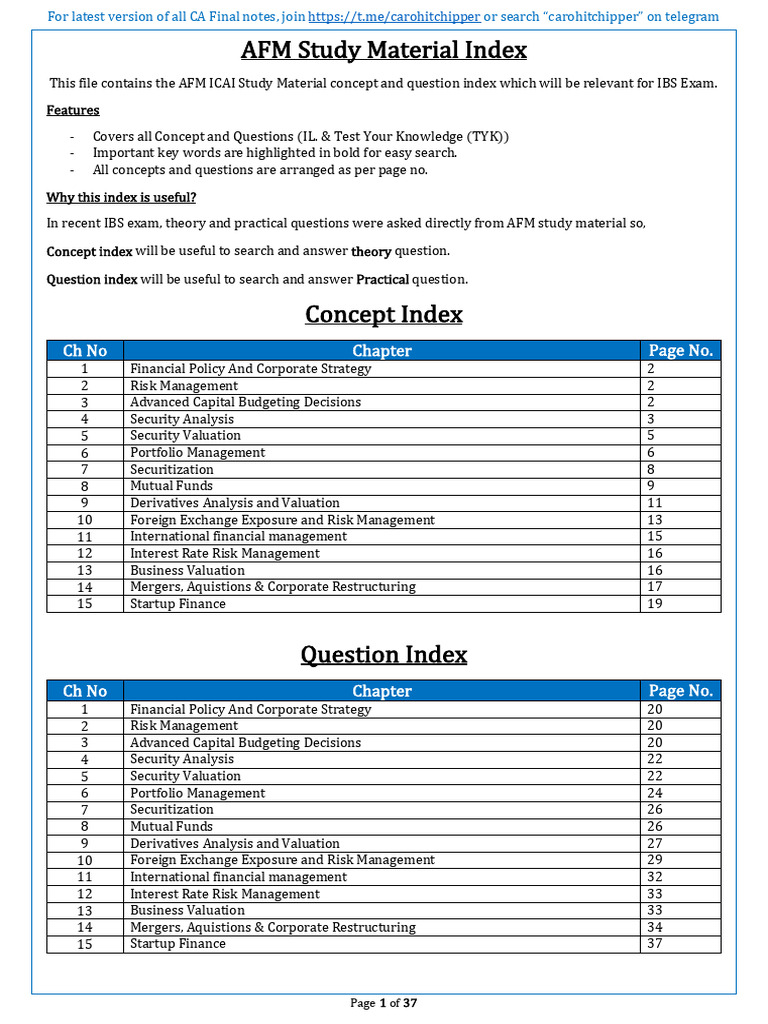 AFM Study Material Index for CA Final | PDF | Option (Finance) | Swap ...