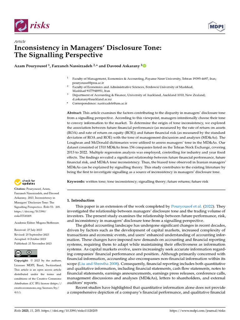 Inconsistency in Managers' Disclosure Tone - The Signalling Perspective ...