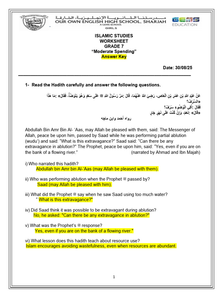 Grade 7 Islamic Studies: Moderate Spending | PDF | God In Islam ...