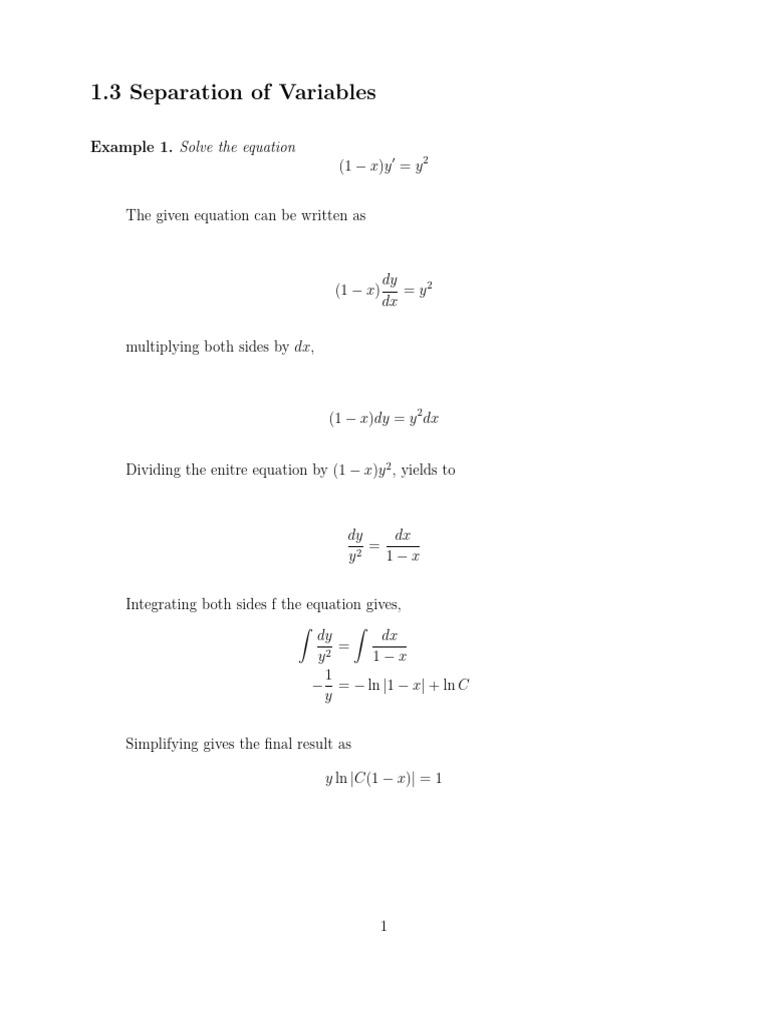 Separation of Variables in Differential Equations | PDF | Equations ...