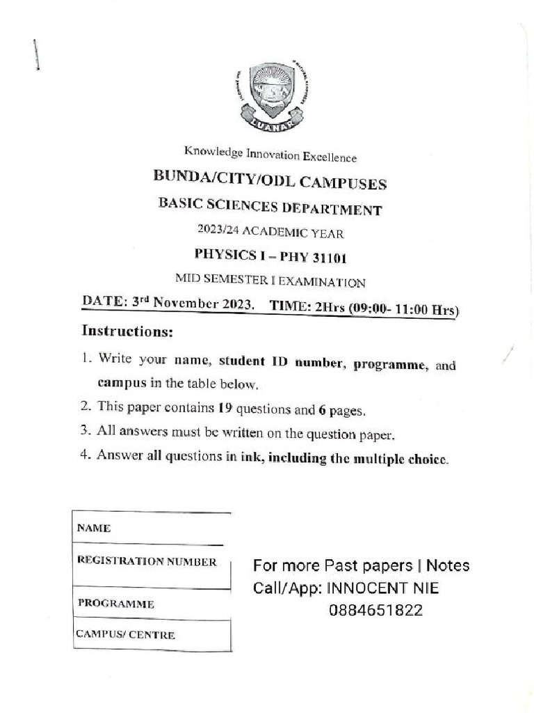PHY 31101 - 2023 Mid Exams | PDF