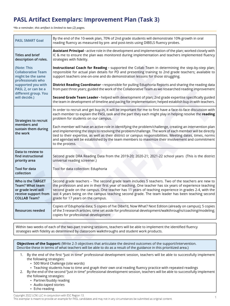 Pasl Artifact Exemplars Improvement Plan Task 3 Pdf Teachers