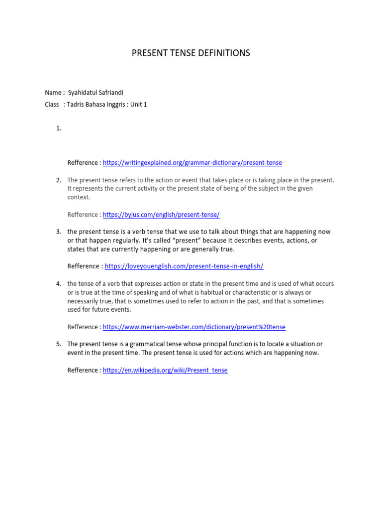 Present Tense Definitions | PDF | Grammatical Tense | Verb