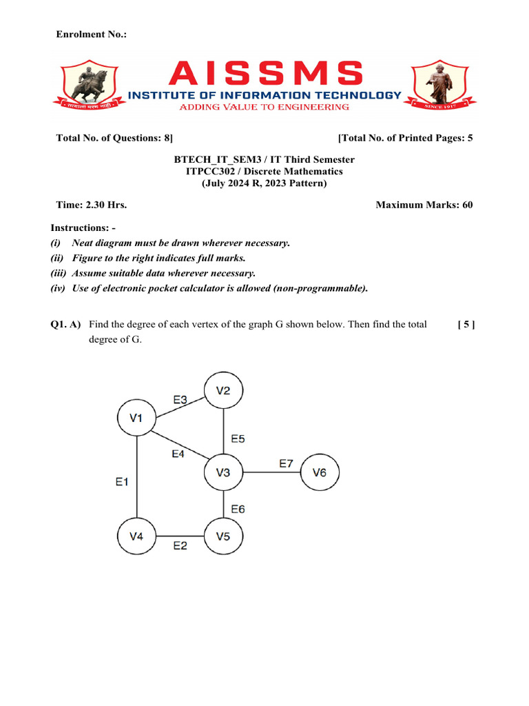 Discrete Mathematics SY IT (End Sem) (2024 R, 2023 Pat) Sem III July 2024 | PDF | Group ...
