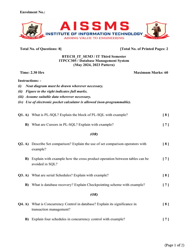 Database Management System SY IT (End Sem )( 2024,2023 Pat) Sem III May 2024 | PDF | Databases ...