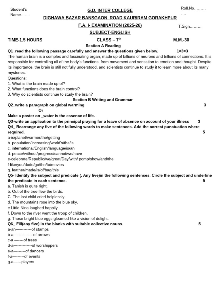 Class 7 FA 1 English FA 1 2526 | PDF | Language Mechanics | Syntax
