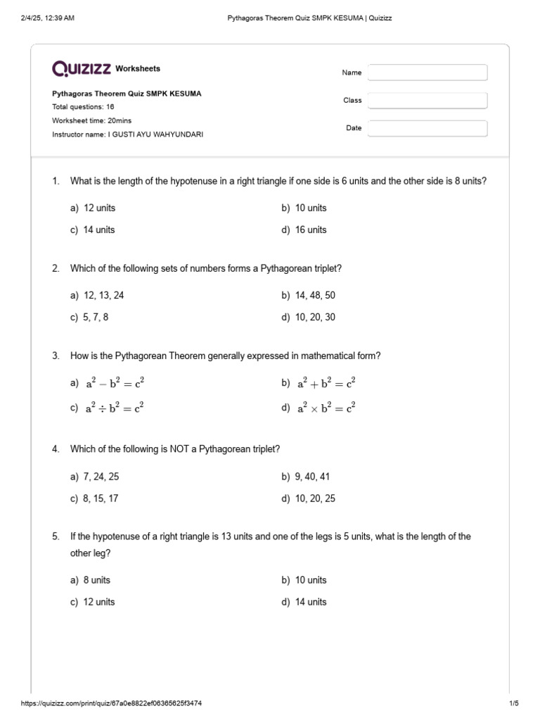 Pythagorean Theorem Quiz Worksheet | PDF | Mathematics | Euclidean Geometry