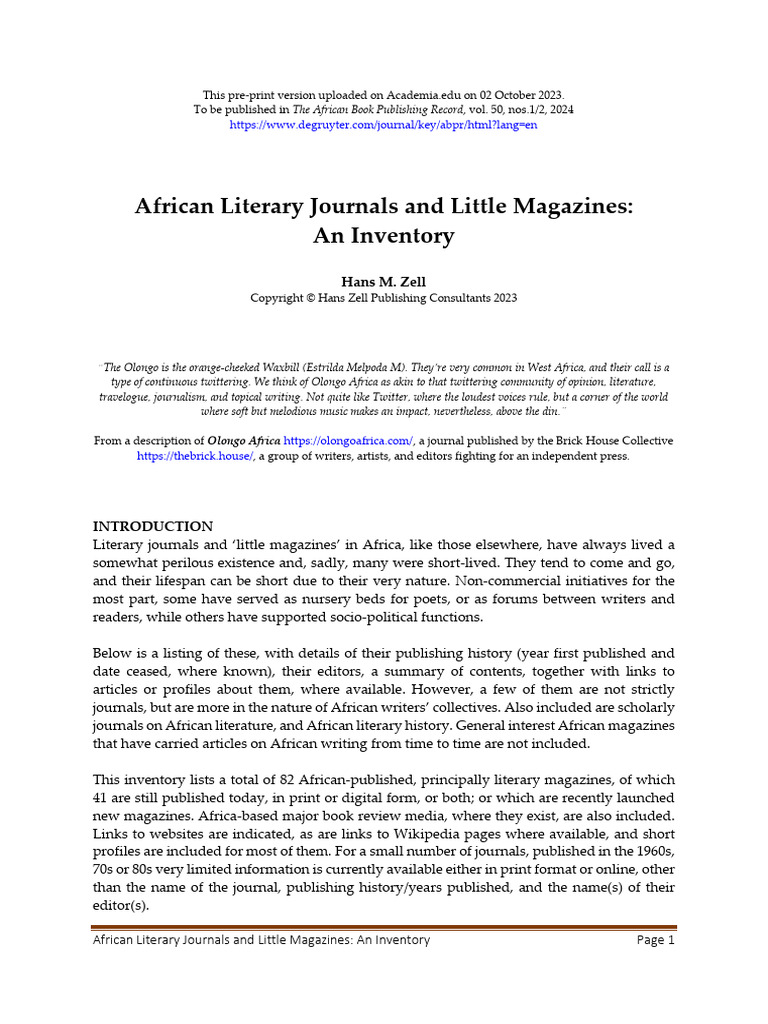 Inventory of African Literary Journals | PDF
