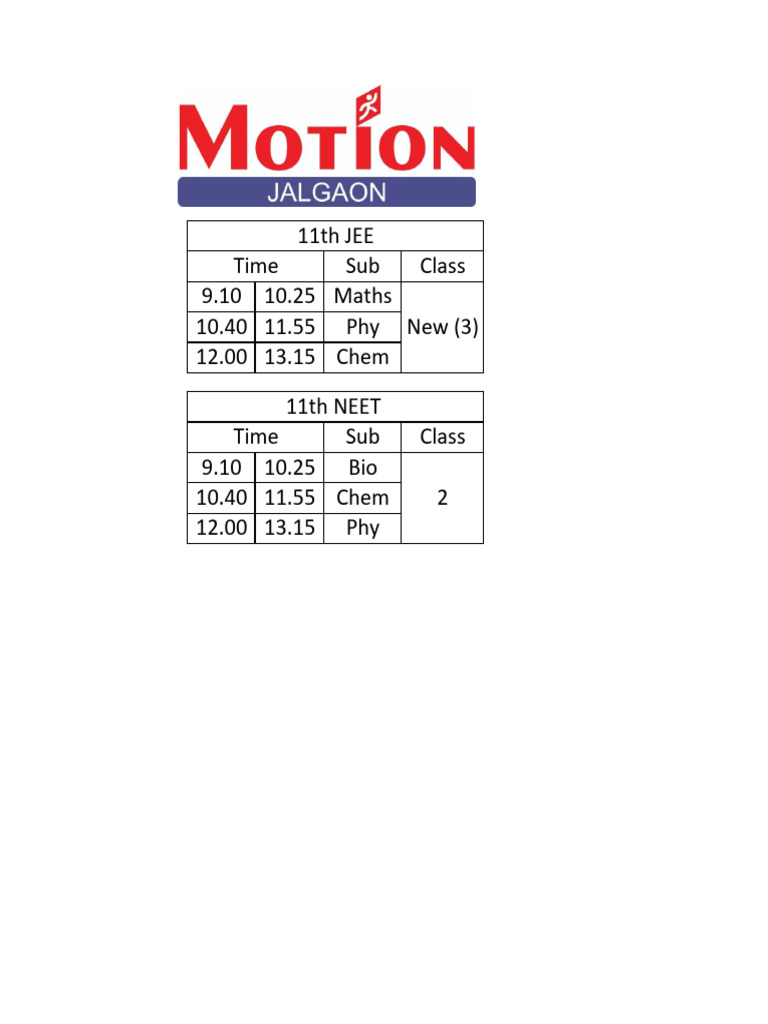 11th JEE & NEET Updated Time Table From 29-09-2025 | PDF