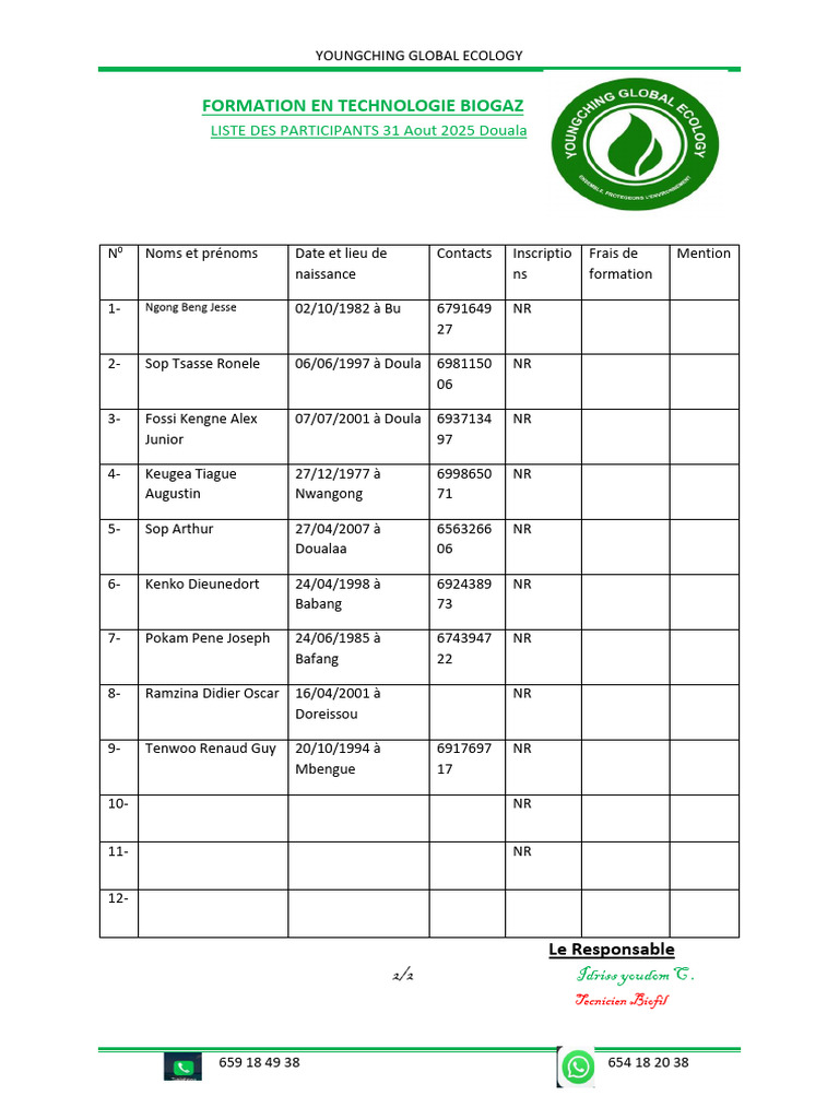 Liste des participants à la formation biogaz | PDF