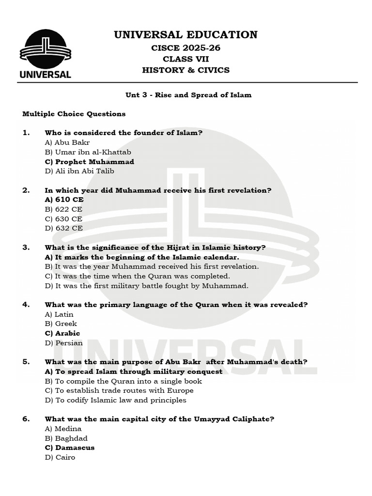 Rise and Spread of Islam MCQs for Class VII | PDF | Caliphate | Muhammad
