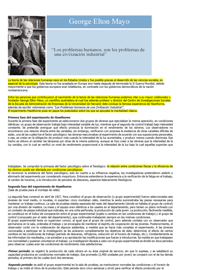 Eltón Mayo y El Experimento de Hawthorne | PDF | Experimentar ...