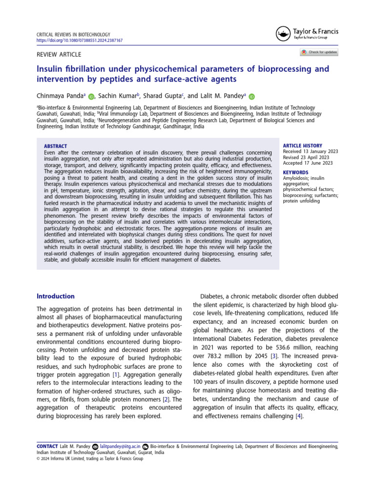 Insulin Fibrillation in Bioprocessing | PDF | Surfactant | Adsorption