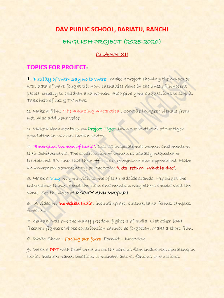 English Project Class XII 2025 - 2026 | PDF