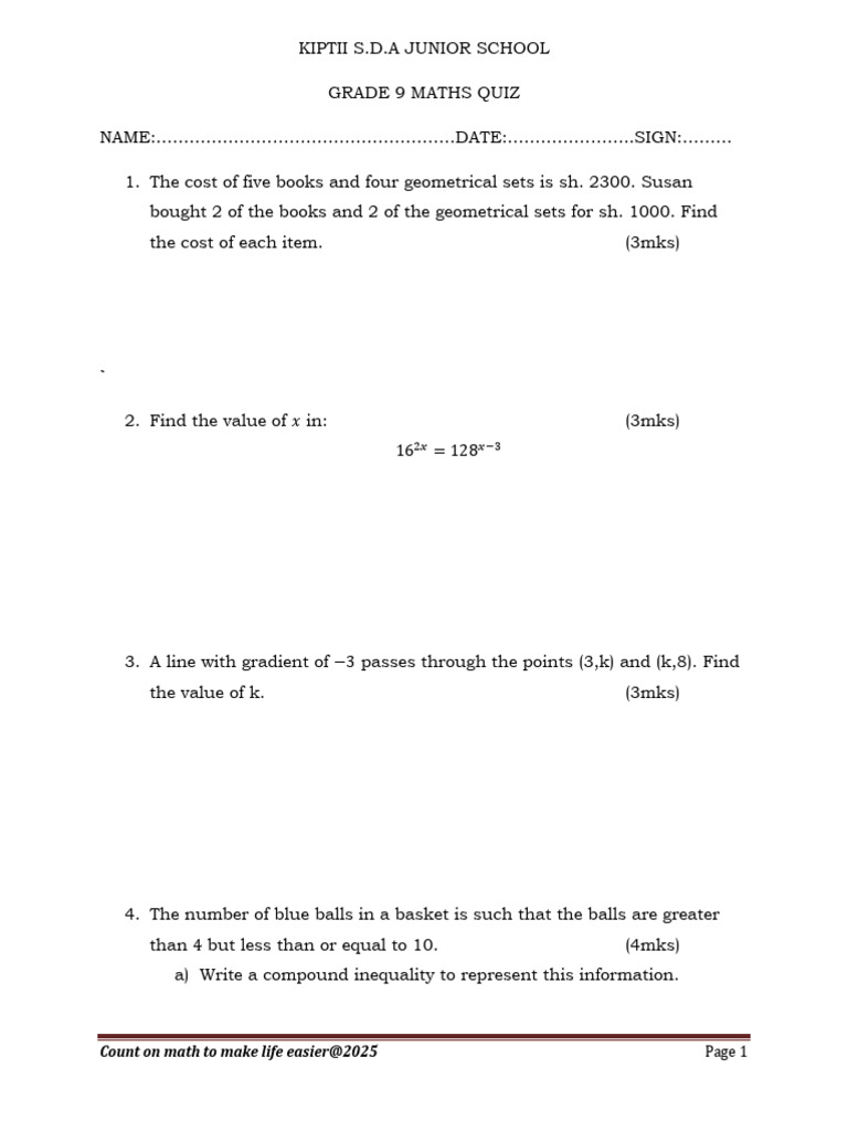 Grade 9 Math Test | PDF