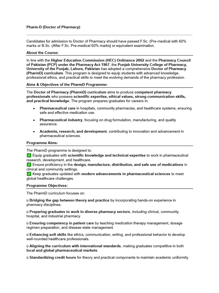 PharmD 5 Years Degree Programme Morning and Evening | PDF | Pharmacy ...