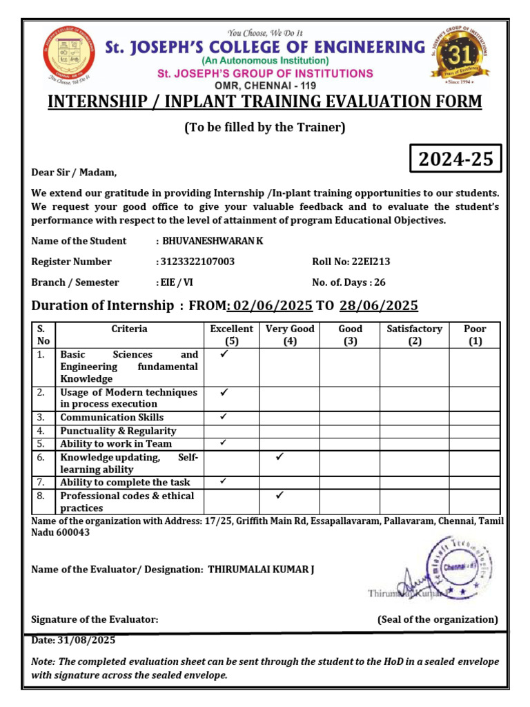 Internship Evaluation Form Template | PDF