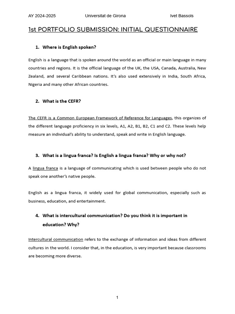 1st Portfolio Submission - Initial Questionnaire | PDF | Foreign ...