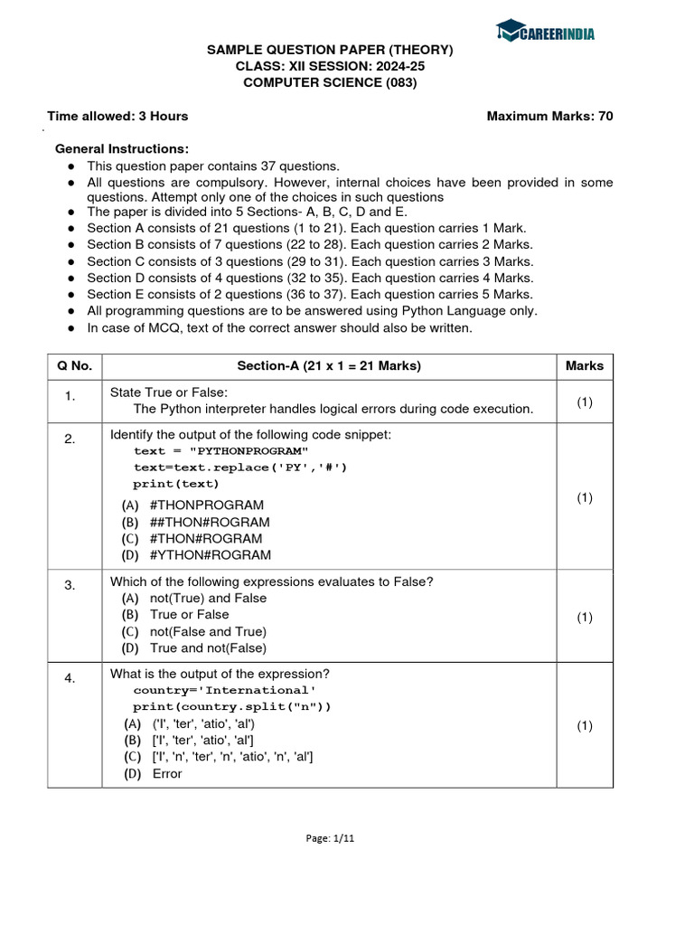CBSE Class 12 Computer Science Sample Question Paper 2024-25 | PDF ...